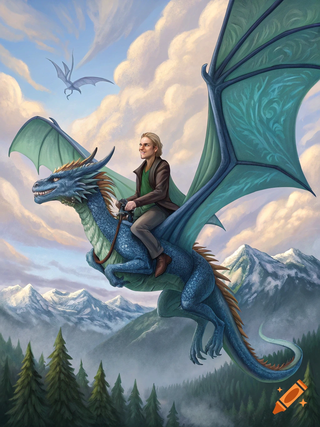 Illustration of a person riding a blue dragon flying over mountains and ...