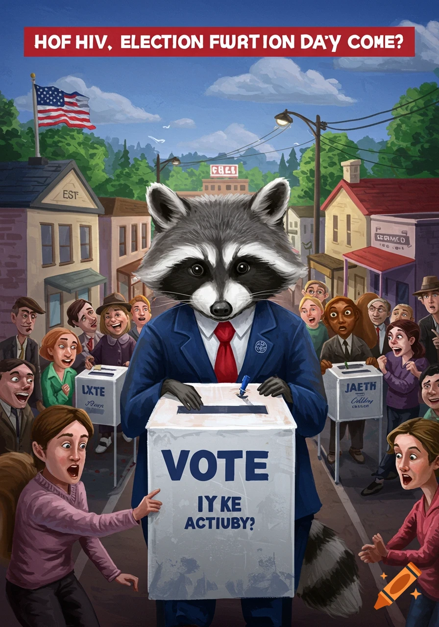 Illustration of a large raccoon in a suit voting at a ballot box in a ...