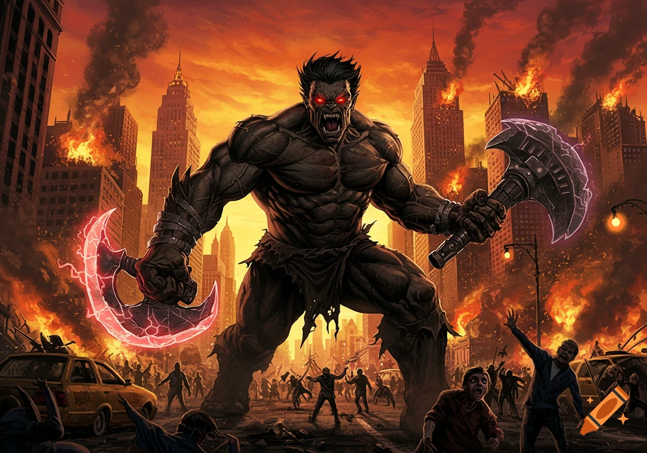 Giant dark monster with glowing red eyes attacks a burning city with ...