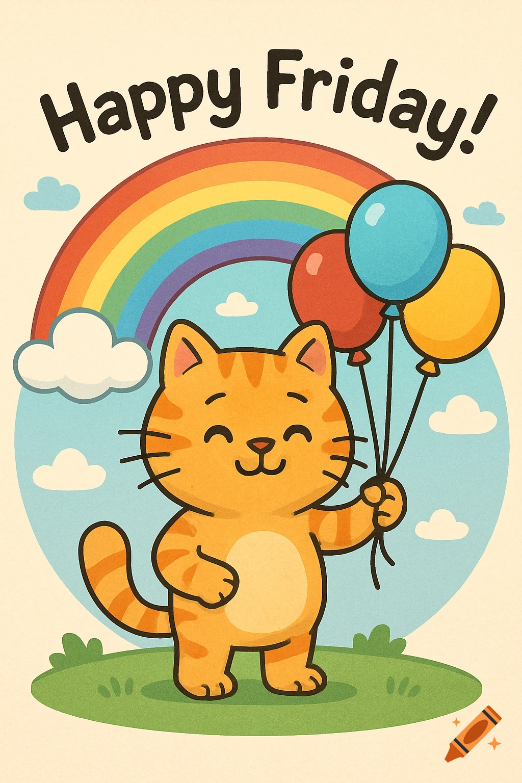 A cartoon ginger cat holds balloons under a rainbow with Happy Friday ...