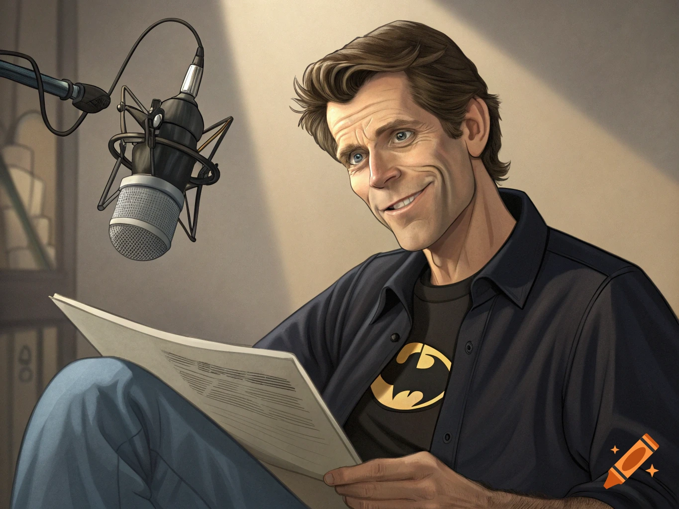Illustration of Kevin Conroy wearing a Batman shirt, reading a script ...