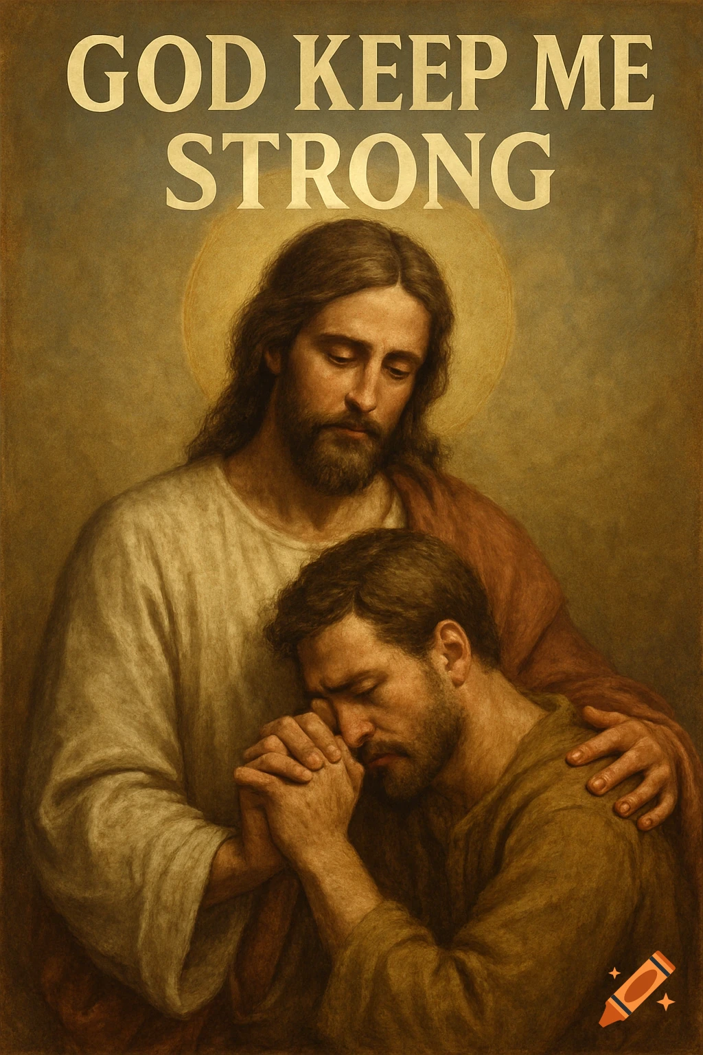 Jesus with arm around man praying below text "GOD KEEP ME STRONG ...