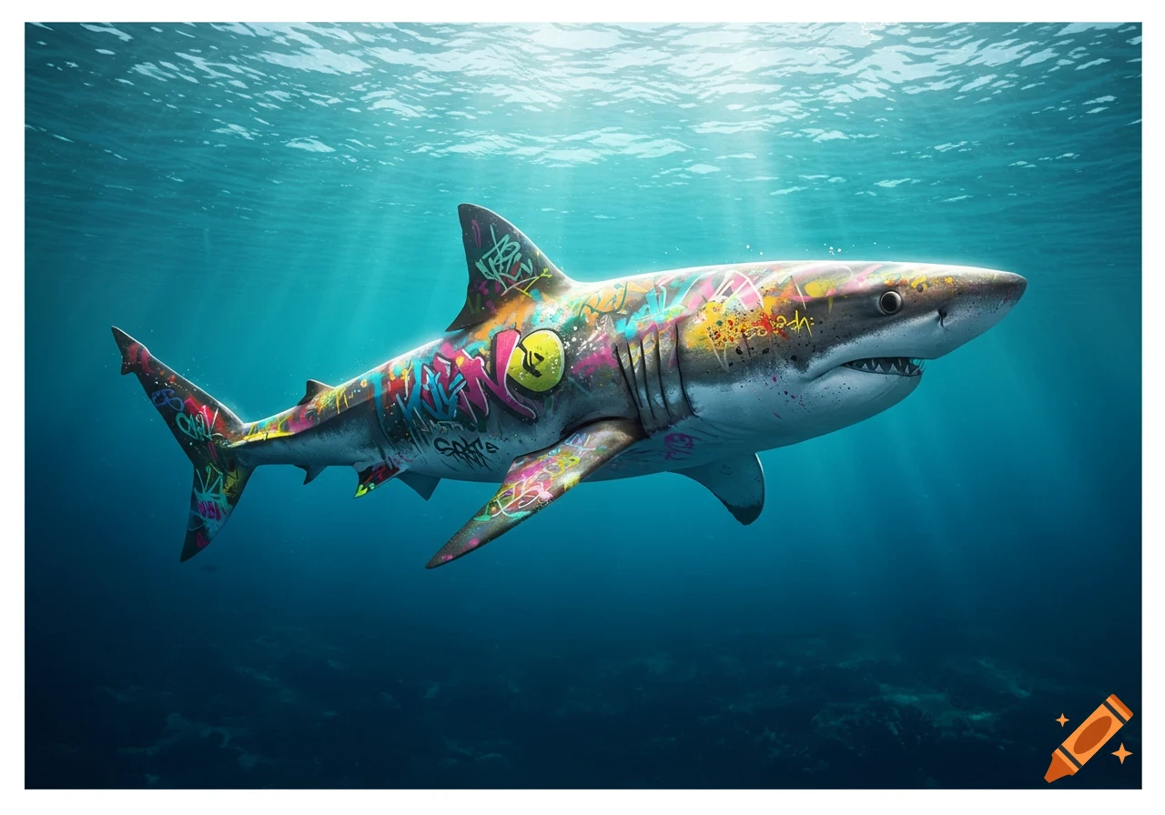 A shark swimming underwater is covered in colorful graffiti tags. on ...