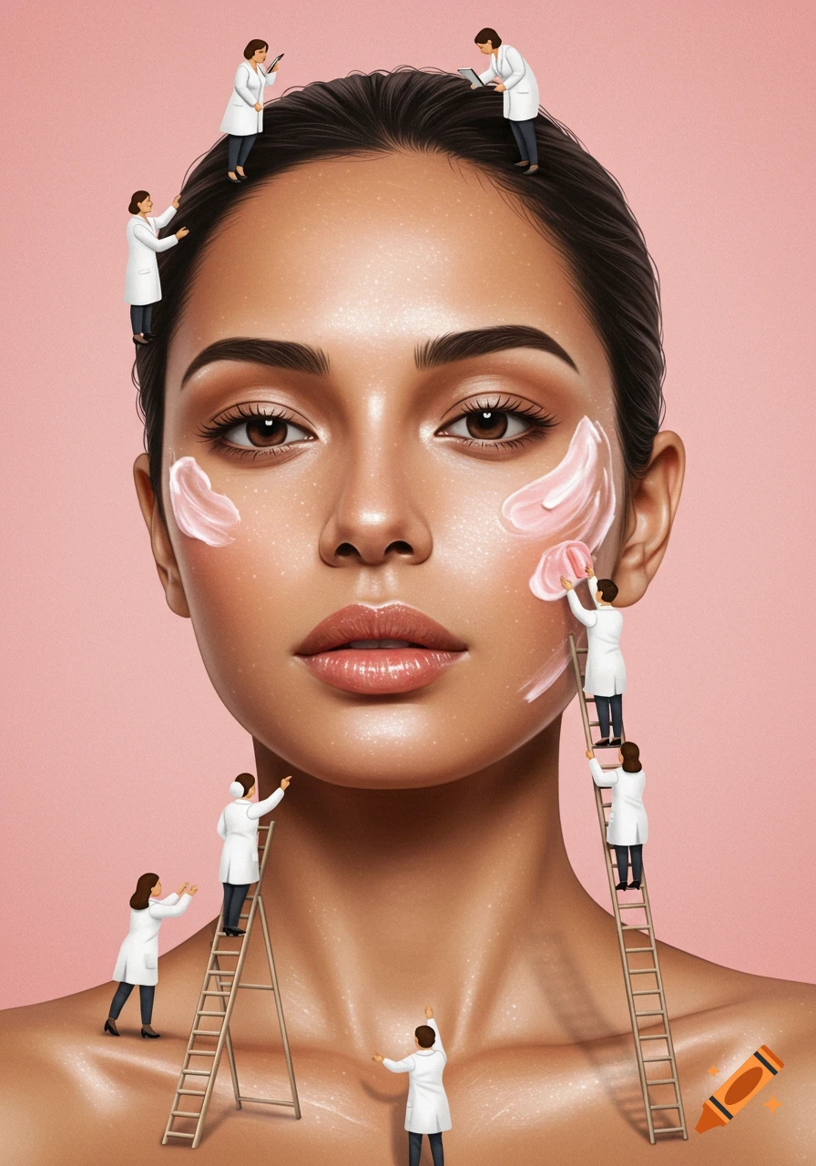 Close-up illustration of a woman's face with tiny figures applying pink ...