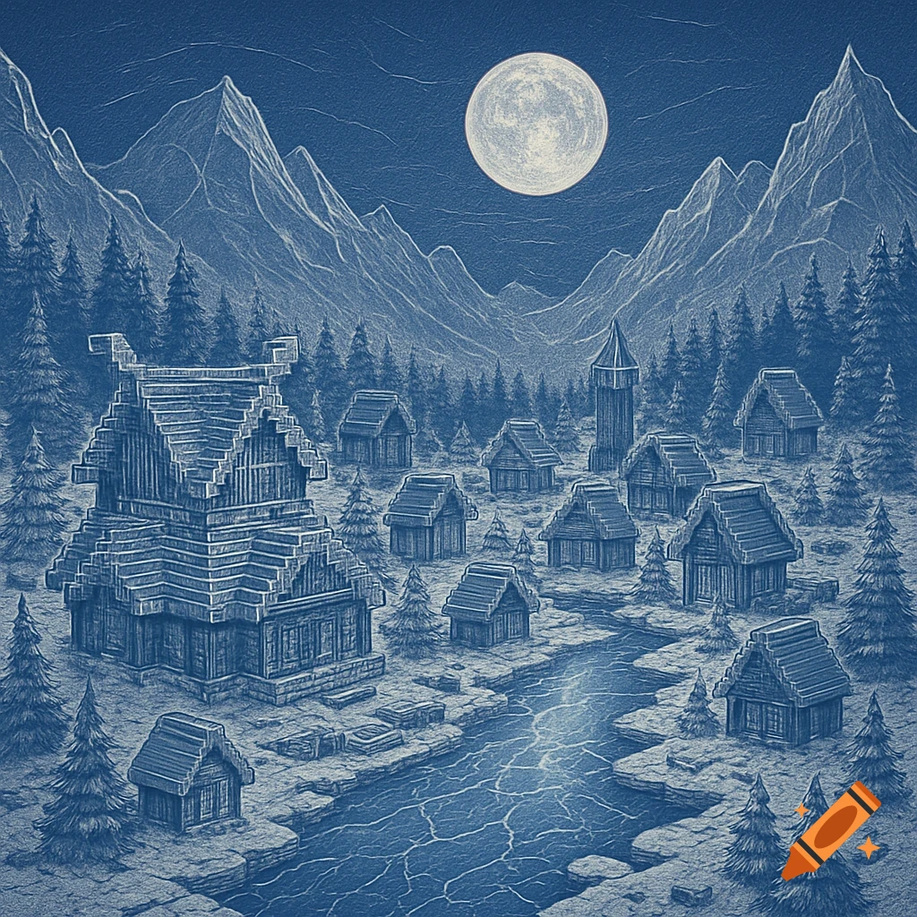 Architectural blueprint of a Nordic village in a snow biome under a ...