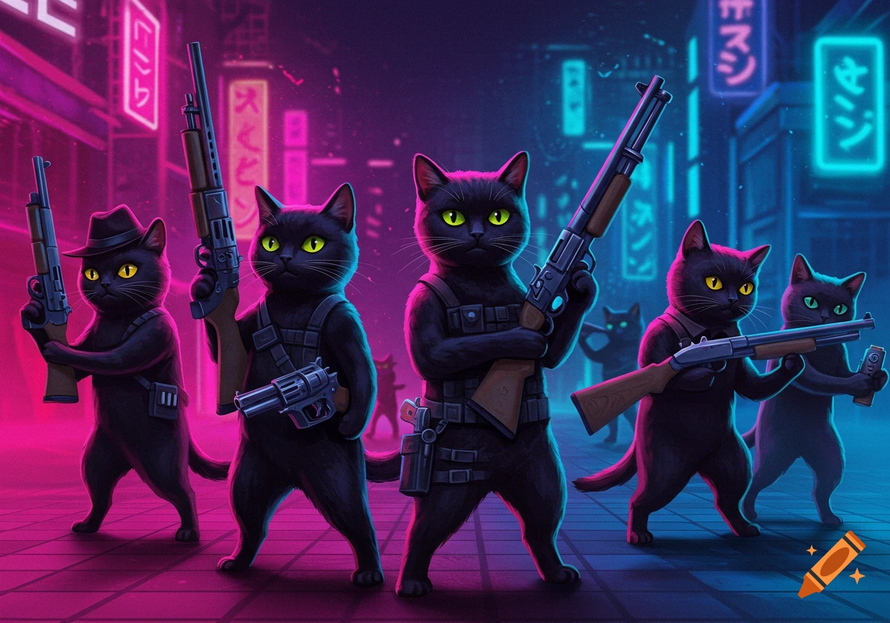 Black cats wearing tactical gear hold guns on a neon-lit cyberpunk ...