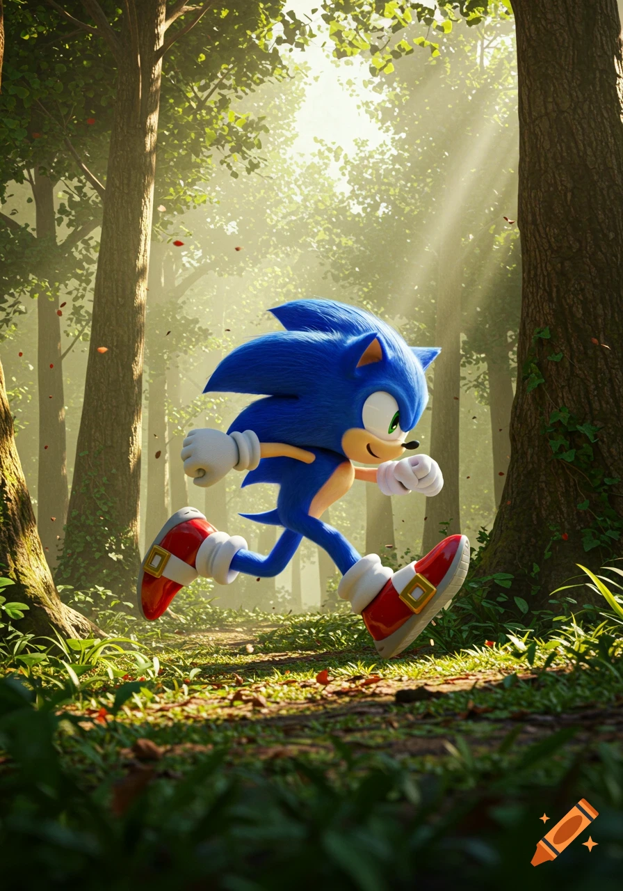 Sonic the Hedgehog runs through a sunlit forest. on Craiyon