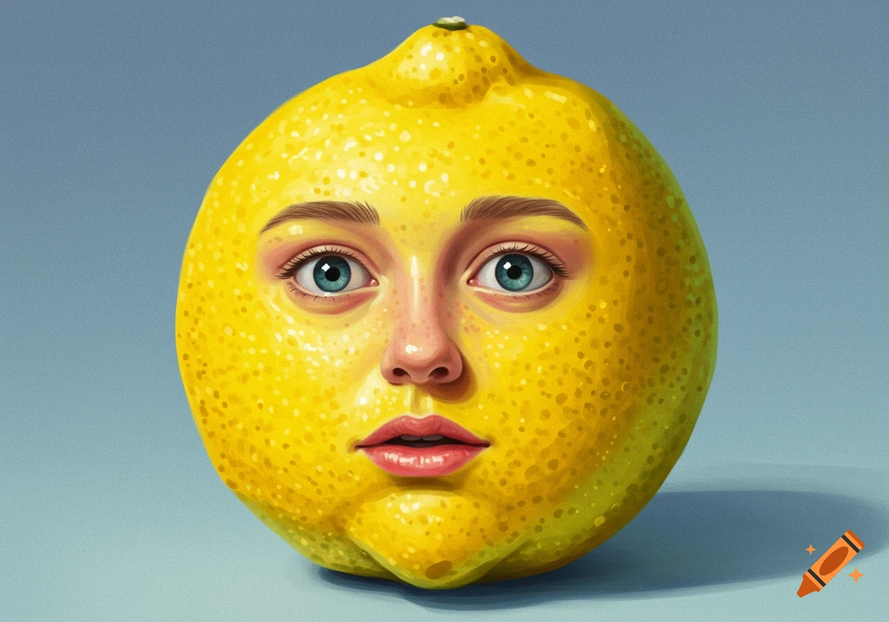 A surreal illustration of a lemon with a human face. on Craiyon