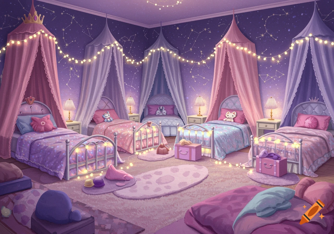 An illustration of a princess-themed bedroom with multiple beds ...