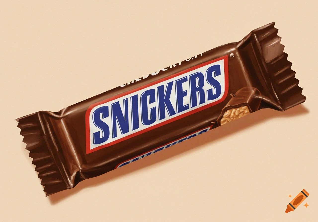 Close-up illustration of a Snickers bar with a bite taken out. on Craiyon