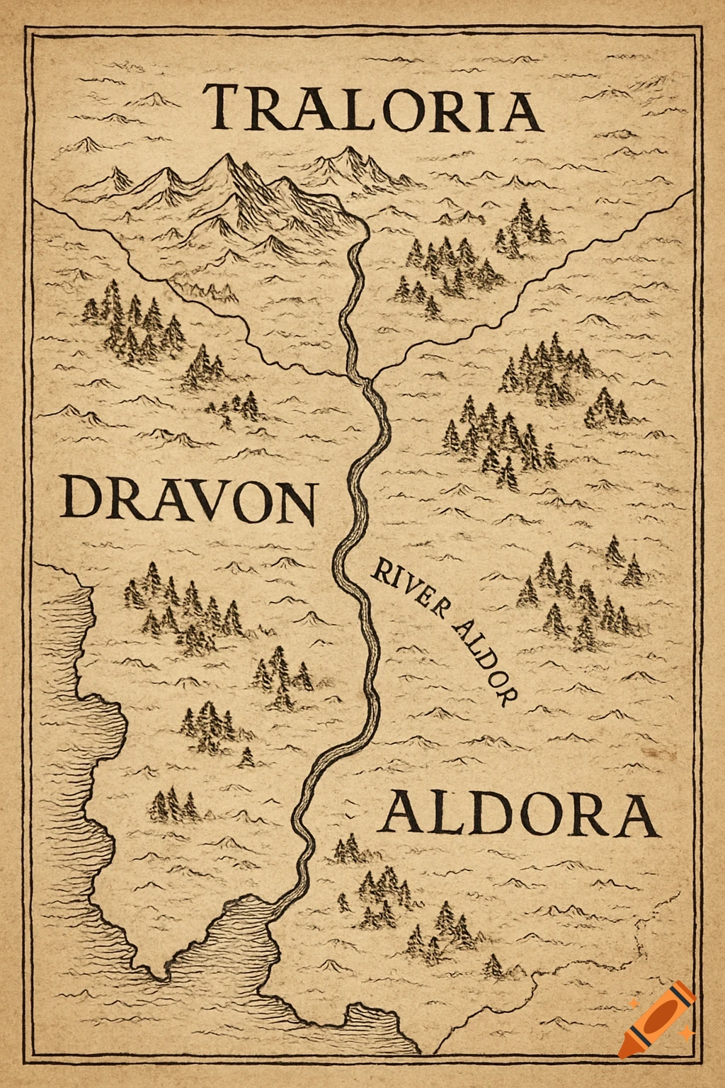 Hand-drawn fantasy map showing regions Traloria, Dravon, and Aldora ...