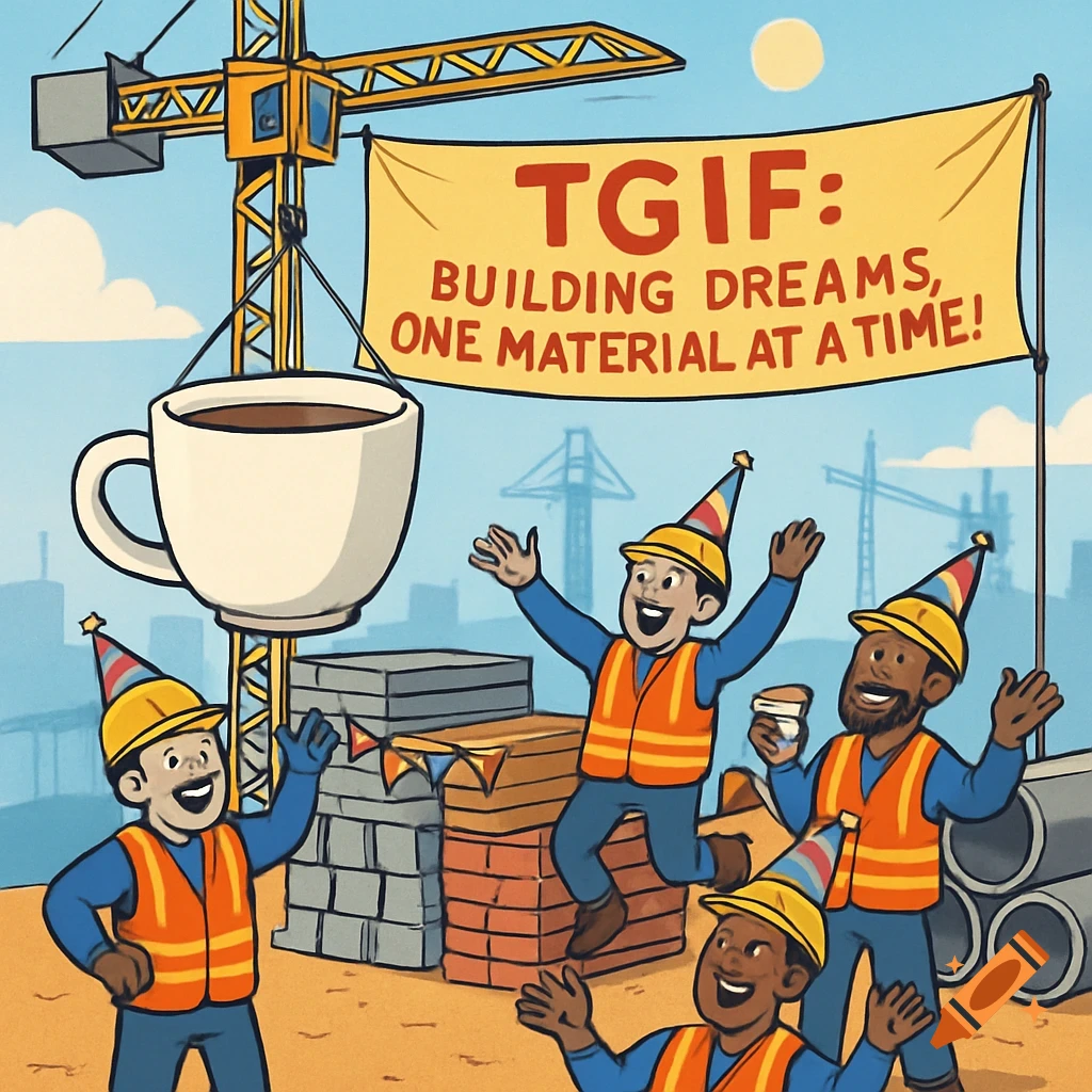 Cartoon illustration of construction workers celebrating TGIF with a ...