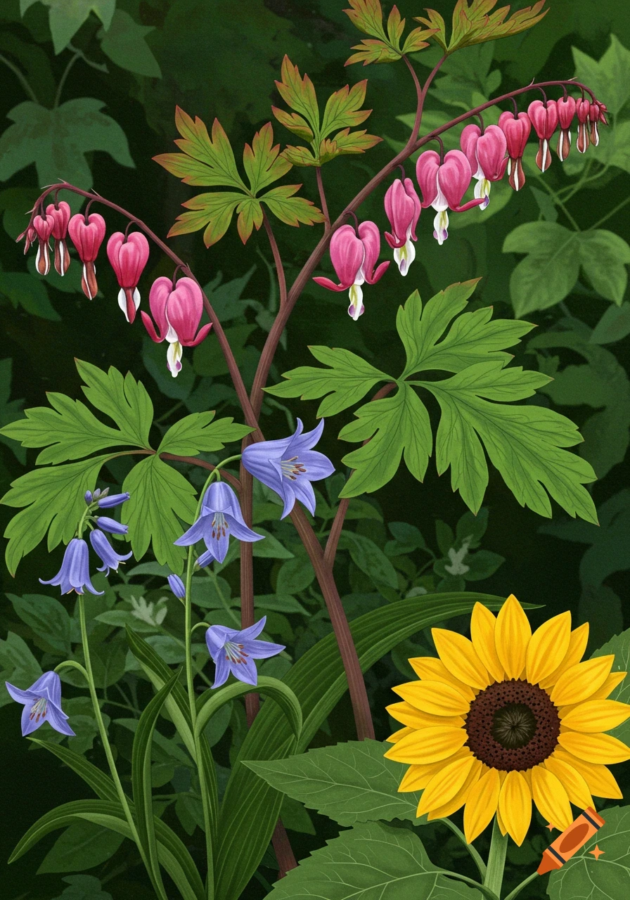 Painting of bleeding hearts, bluebells, and a sunflower in a garden. on ...