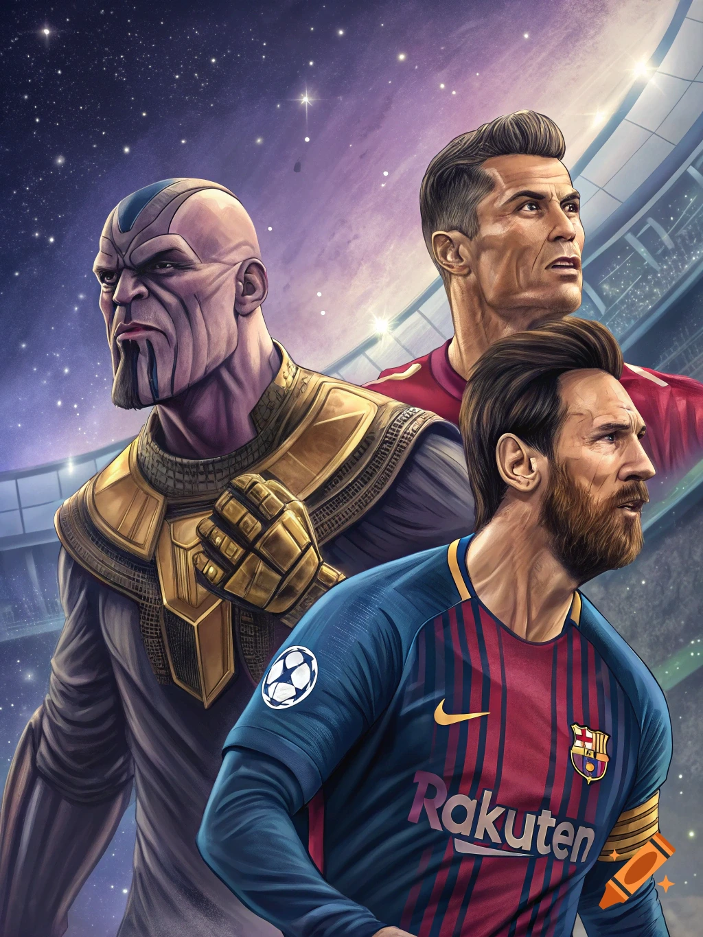 Illustration of Thanos, Cristiano Ronaldo, and Lionel Messi in a ...