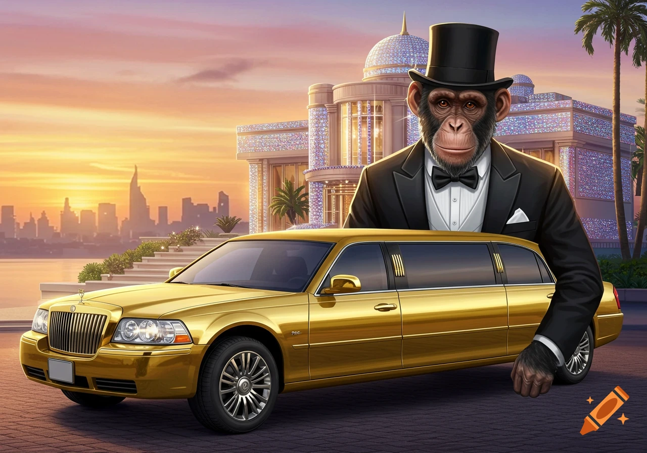 Chimpanzee in tuxedo and top hat stands next to a gold limousine in ...
