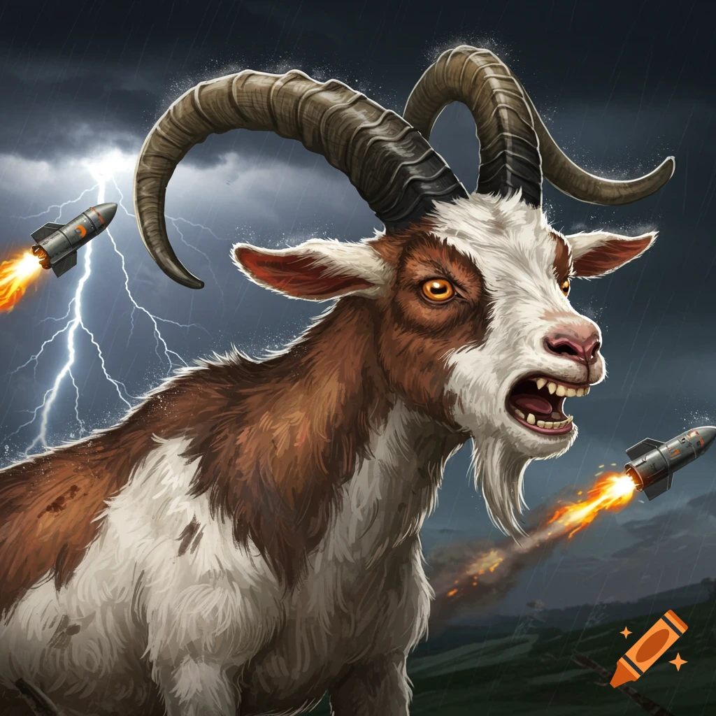 Angry goat with large horns in a stormy sky with lightning, surrounded by flying missiles. on ...