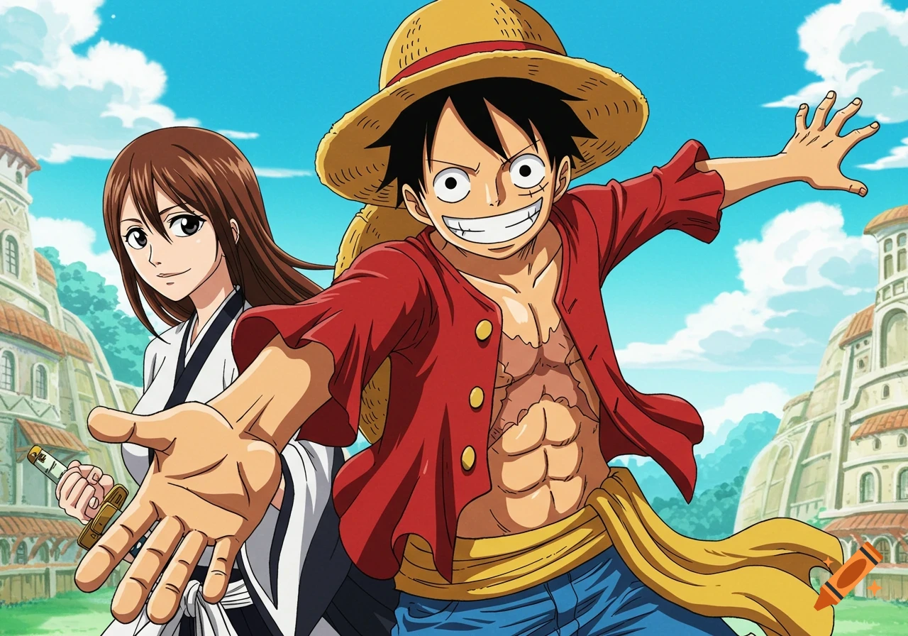 Anime illustration of Luffy reaching out, with Orihime behind him ...