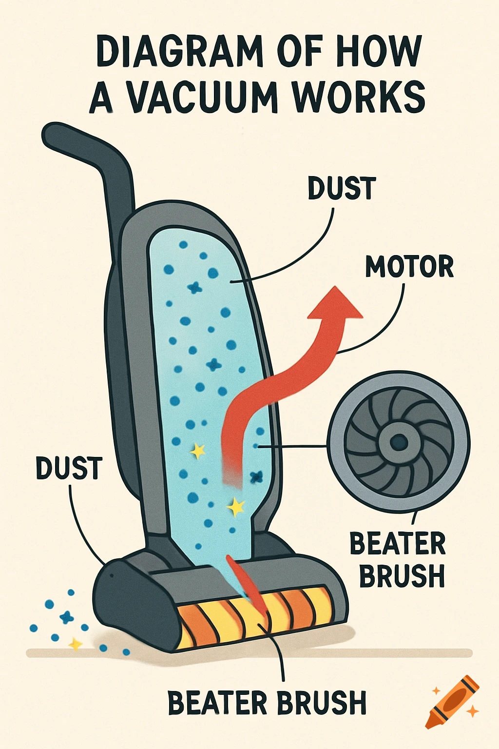 Diagram showing how a vacuum cleaner works with labels for dust, motor ...