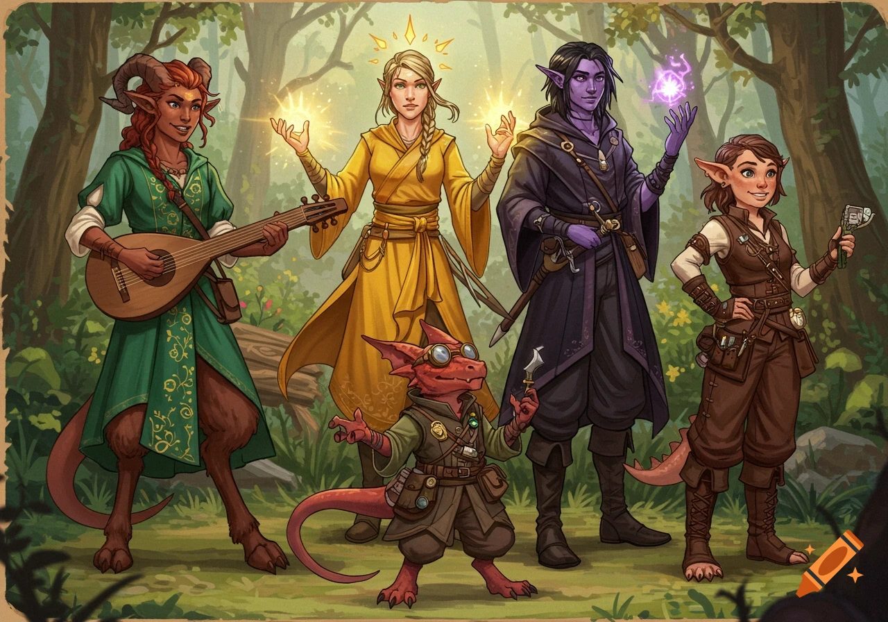 An illustrated D&D party in a forest clearing: a satyr bard, human monk ...