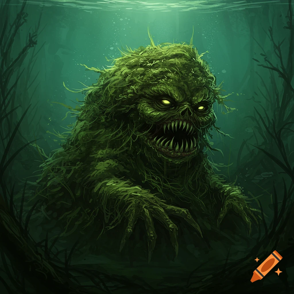 A monstrous creature made of dark green moss and plants rises from murky water, with glowing ...