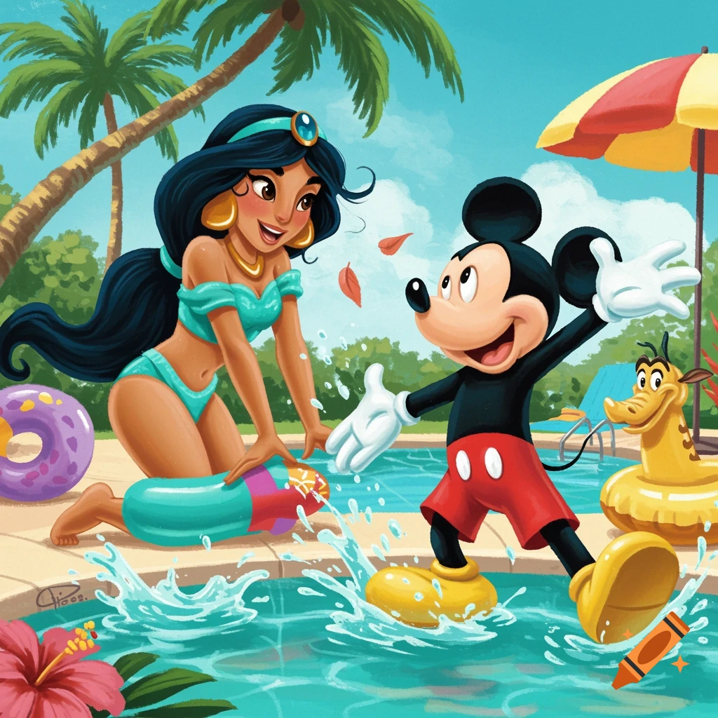 Princess Jasmine and Mickey Mouse splash water at a pool party in a bright illustration. on Craiyon