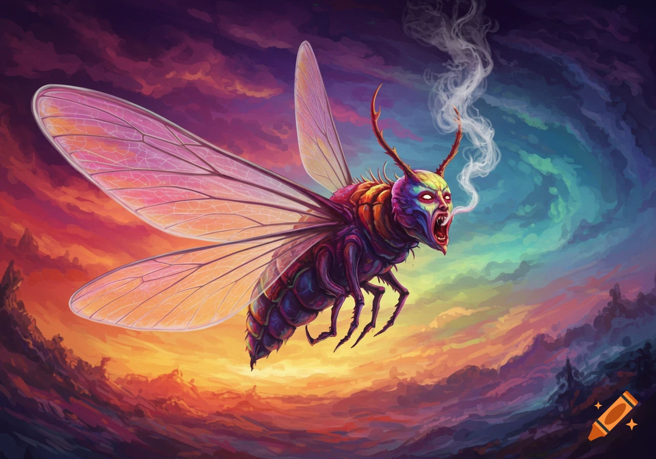 A large, colorful insectoid creature with a humanoid face flies through ...
