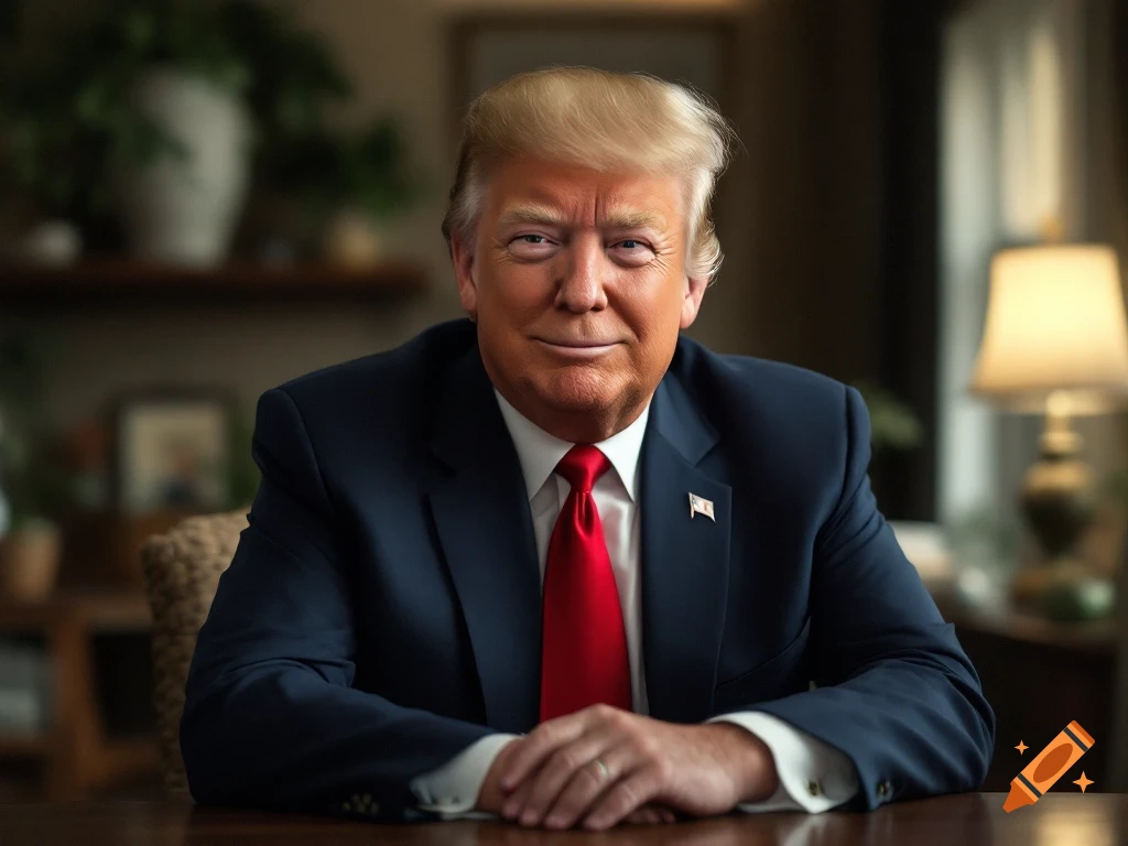 Portrait of Donald Trump in a dark suit and red tie, smiling and ...