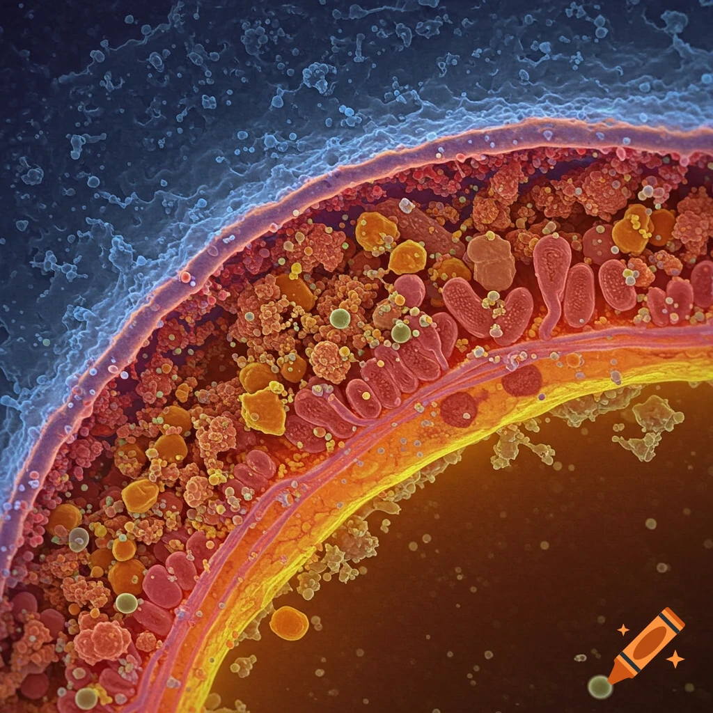 Close-up view of colorful, complex cellular structures resembling ...