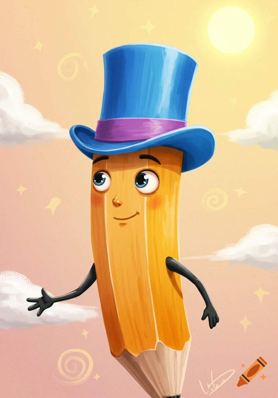 A cartoon pencil character wearing a blue top hat floats in a sunny sky ...