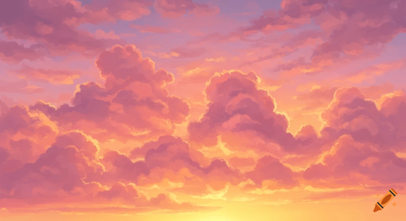 Pink and orange clouds fill the sky during a stylized sunset. on Craiyon