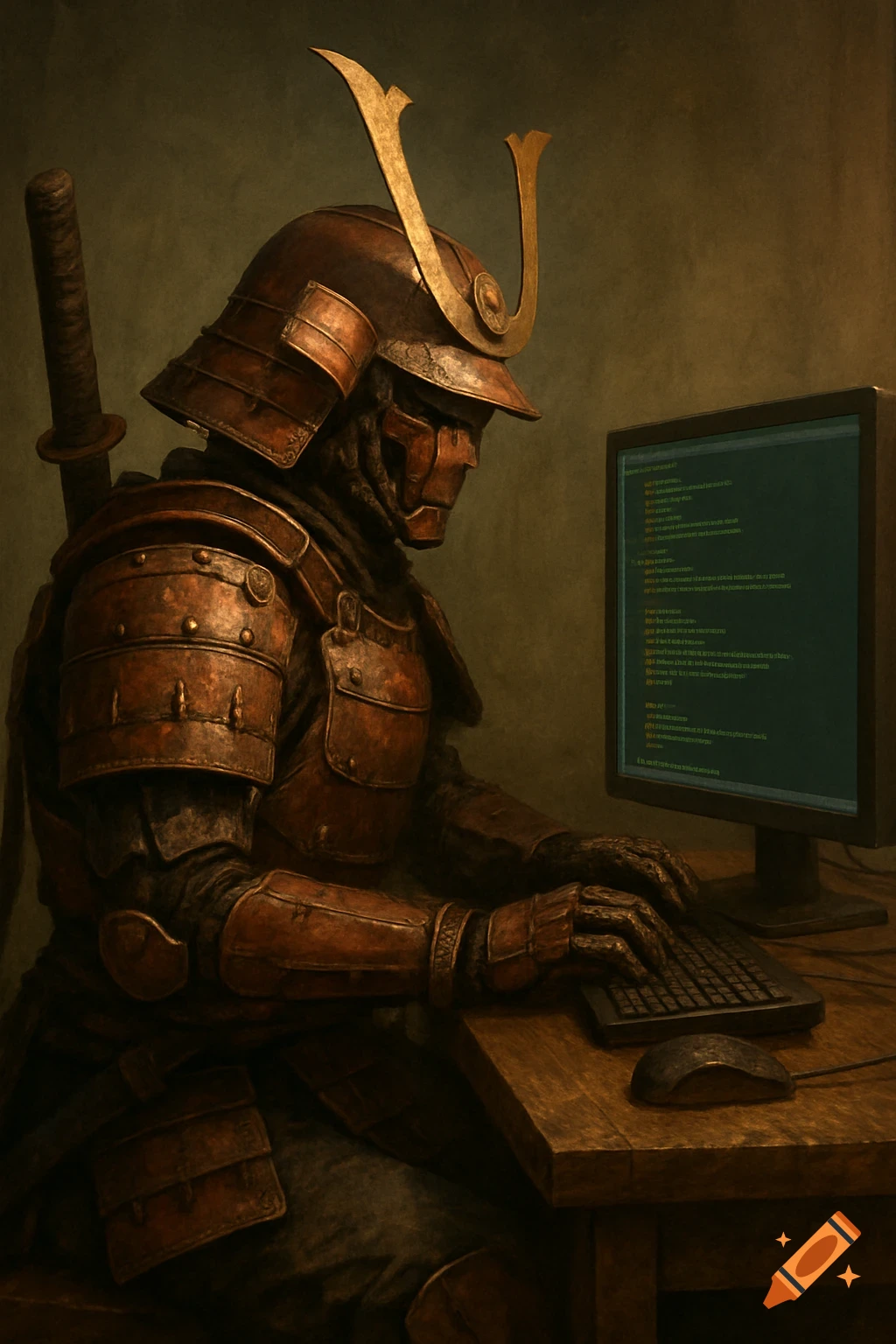 Detailed illustration of a samurai robot typing on a computer keyboard, screen displaying code ...