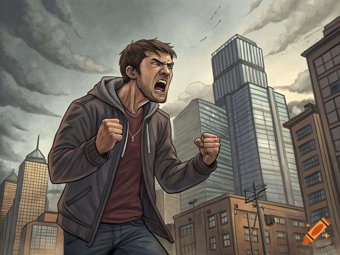 Angry man with clenched fists yelling in city street, comic book ...