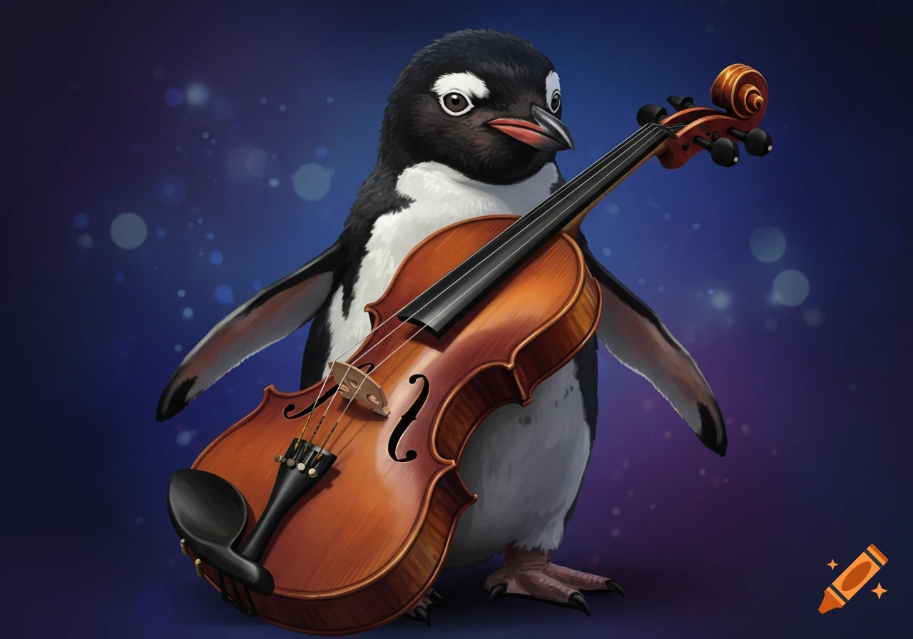 An illustration of a penguin holding and playing a violin. on Craiyon