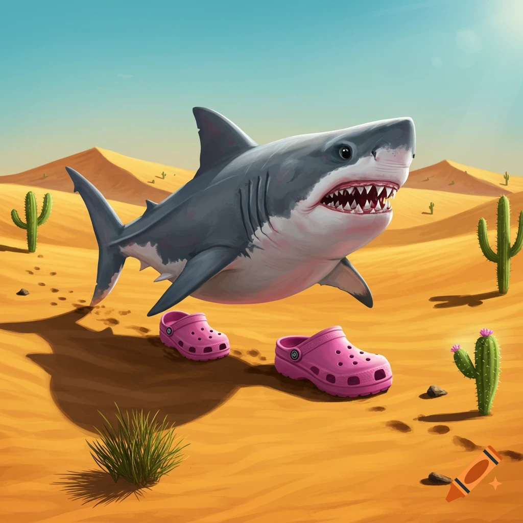 Cartoon illustration of a shark walking through a desert wearing pink ...