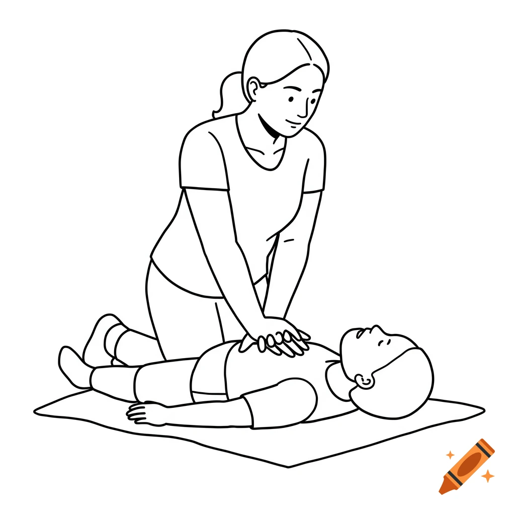 Black and white outline illustration of a woman performing CPR on a doll. on Craiyon