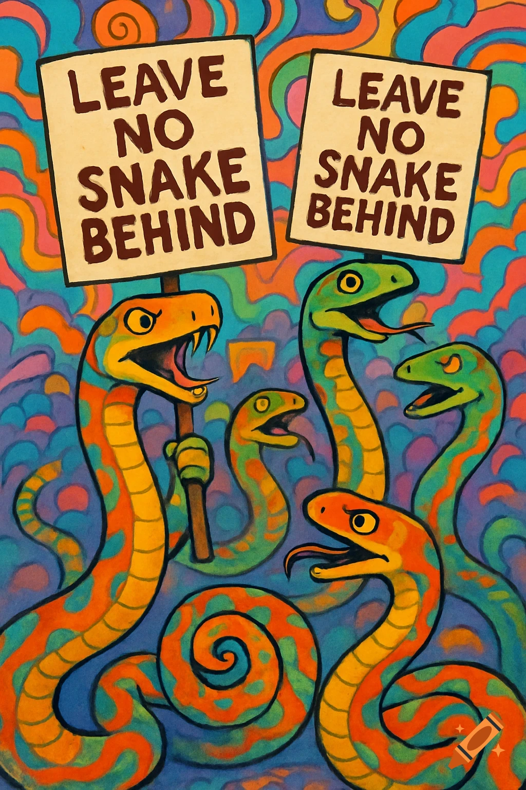 Snakes hold 'Leave No Snake Behind' signs in a psychedelic 1960s style ...