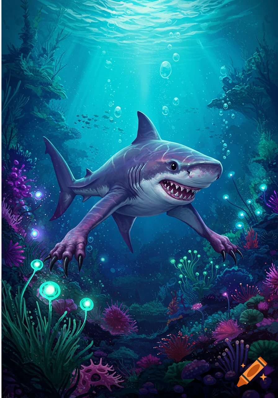 A stylized shark with three clawed legs swims through a vibrant ...