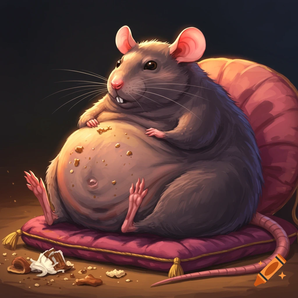 An obese rat sits on a cushion surrounded by food scraps in an ...