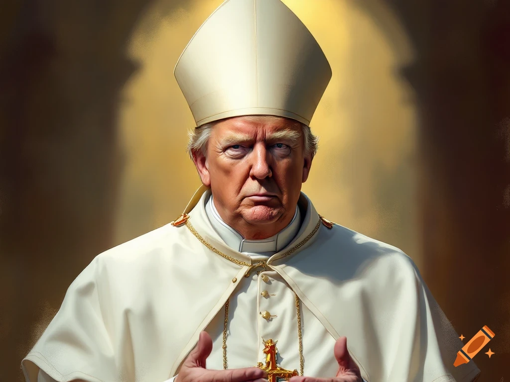 Portrait of Donald Trump dressed as a pope in white vestments. on Craiyon