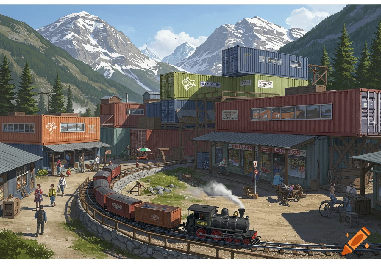 Illustrative scene of a mountain town built with shipping containers ...