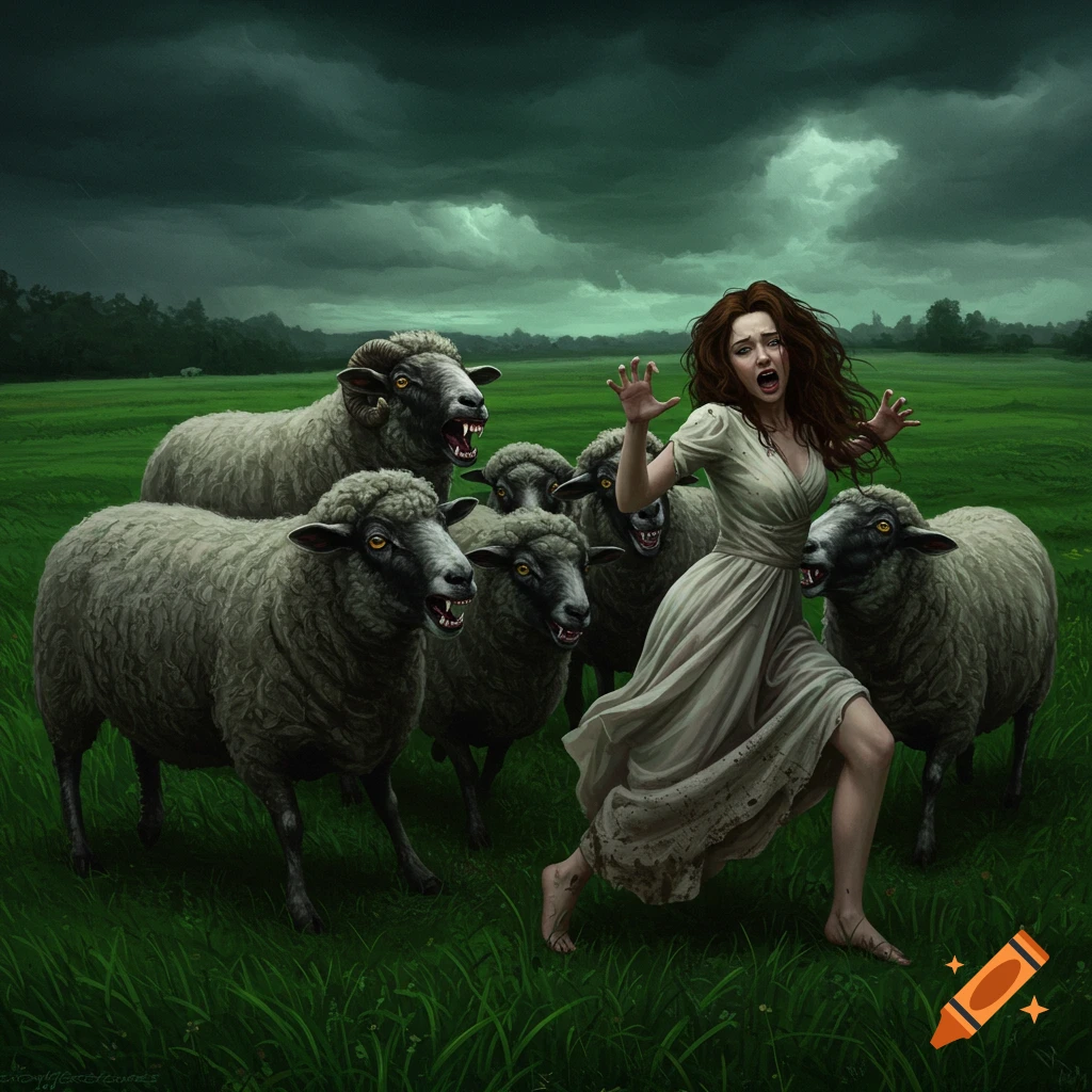 Woman runs in fear from fanged sheep in a grassy field under a stormy ...