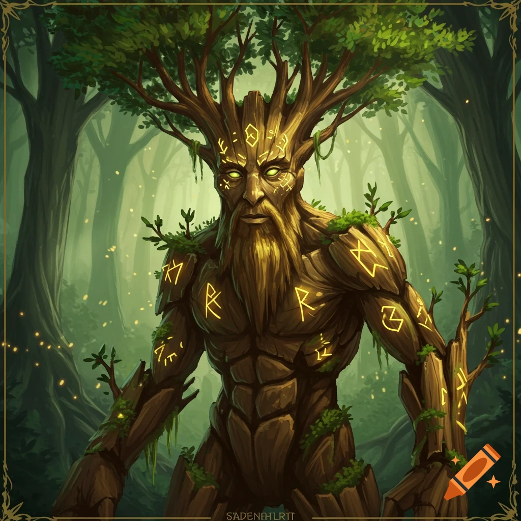 A tree creature with glowing runes carved on its body stands in a ...