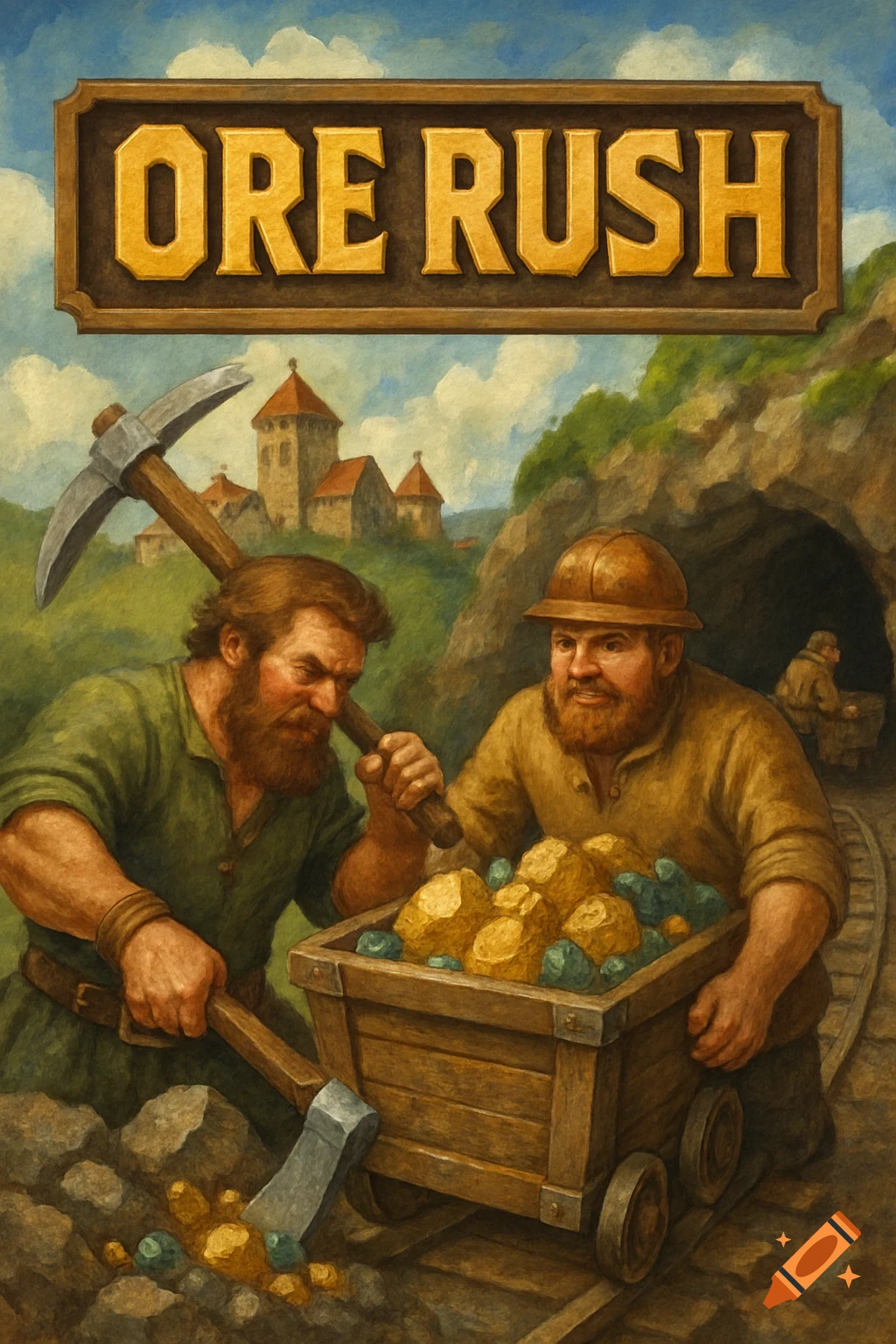 Illustration of two miners with a cart of ore under text ORE RUSH, with ...