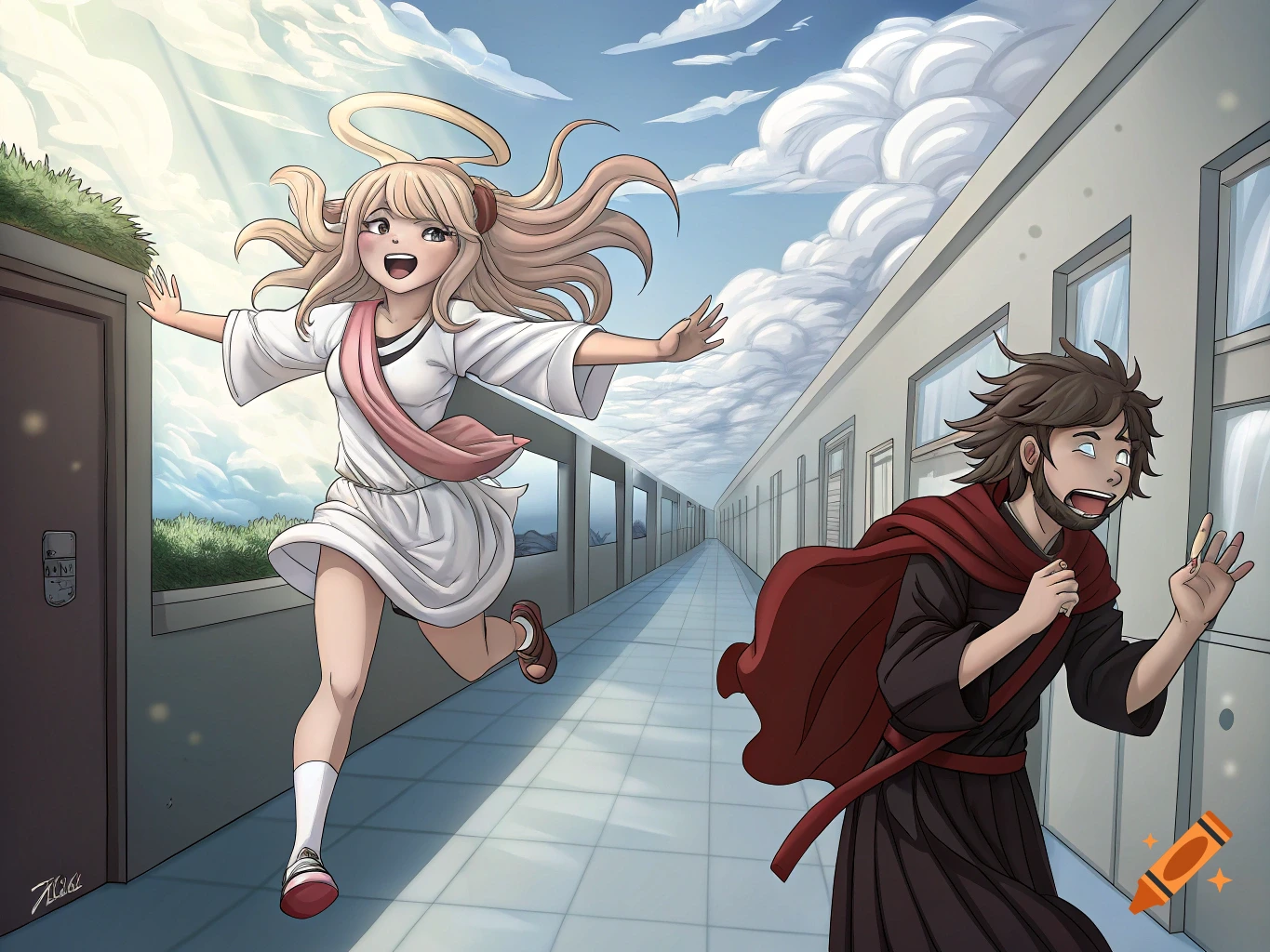 Anime girl with halo running from a shocked man in a robe down a ...