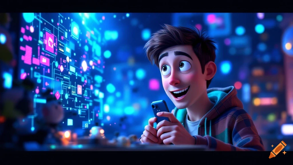 Cartoon boy smiling at phone with futuristic tech display in background ...