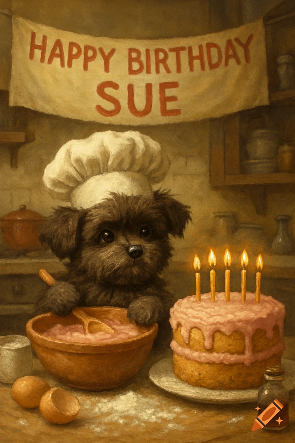 Fluffy brown dog wearing a chef hat bakes a cake next to a 'Happy ...