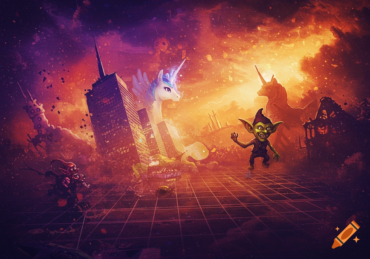 Giant unicorn and goblin in a ruined city under a chaotic sky, surreal ...