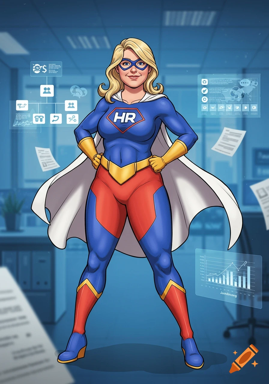 Cartoon illustration of a blonde woman superhero with 'HR' on her chest ...