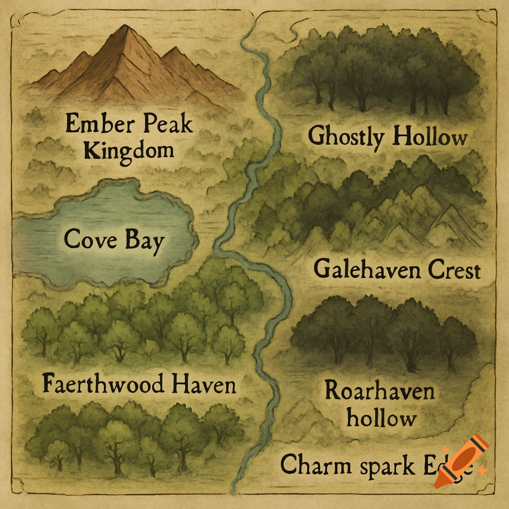 A hand-drawn style fantasy map with mountains, forests, a lake, and a ...