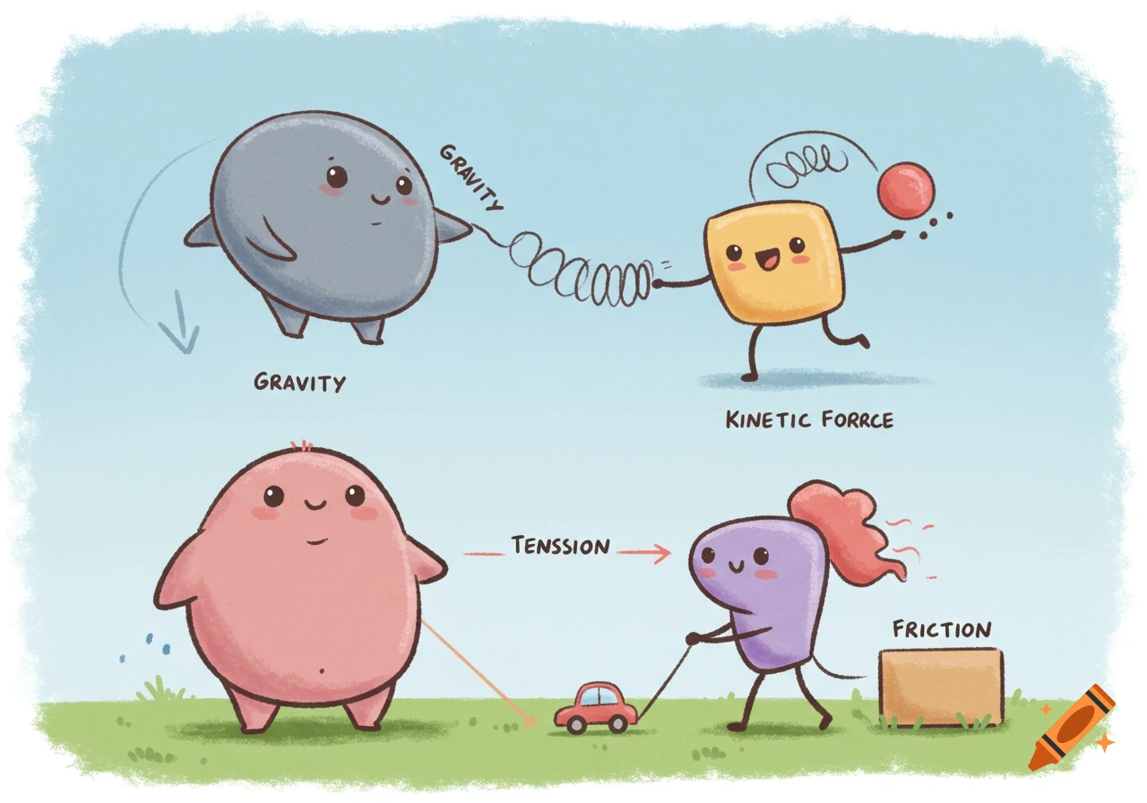Cute cartoon characters illustrate physics concepts: gravity, kinetic ...
